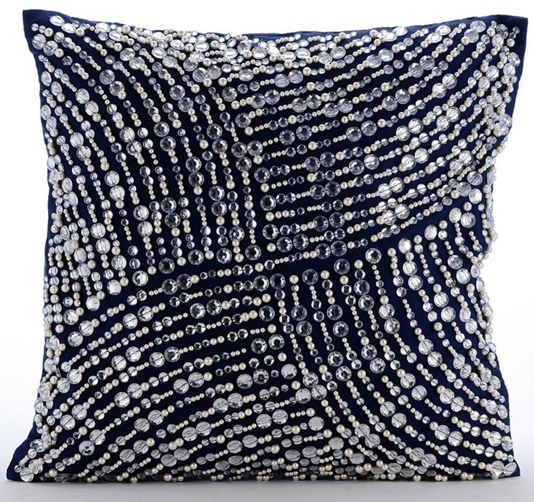 16"x16" Designer Navy Blue Throw Pillow Cover, Taffeta Couch Throw ...