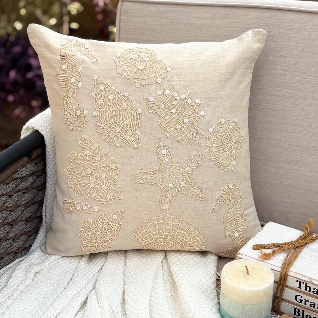 Cotton & Linen Mother of Pearl Sea Creature Pattern Beige Pillow Sham ...