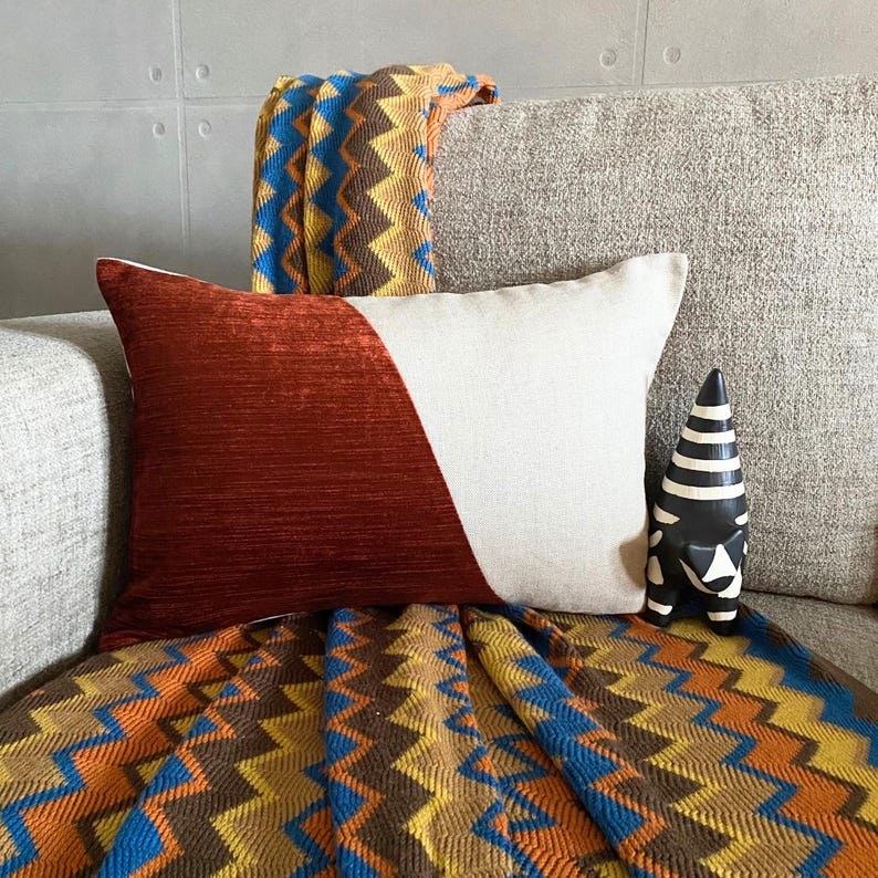 Velvet/linen Rust Color Block Decorative Lumbar Throw Pillow Cover ...