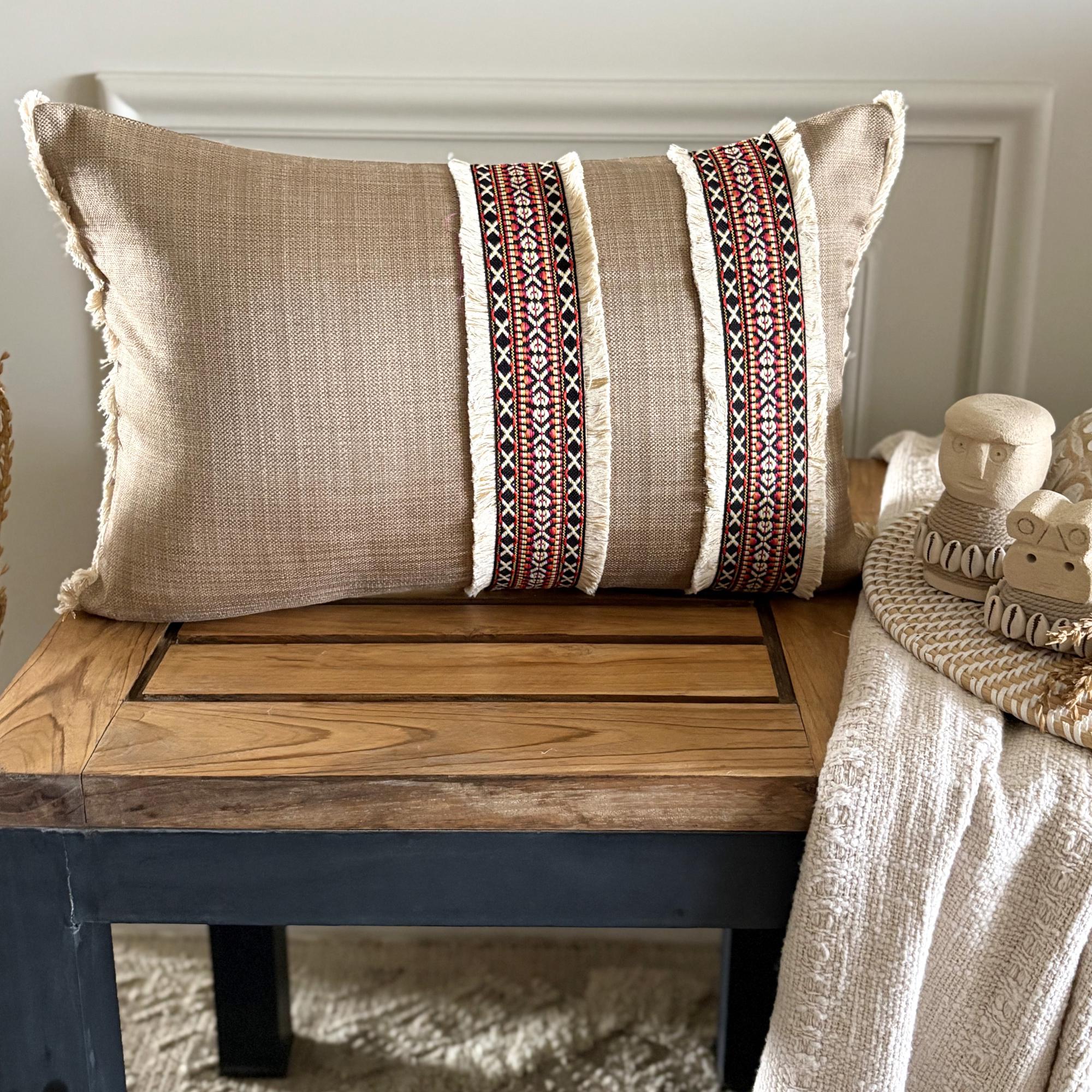 Beige / Brown Linen Blend Handmade Lace Striped Contemporary Lumbar ...
