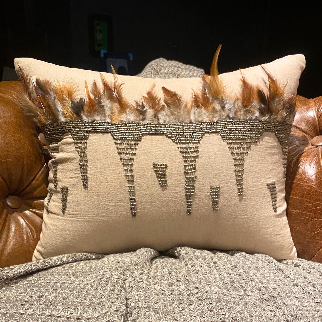 Beige Linen Decorative Feather & Beads Embroidered Lumbar Pillow Cover ...