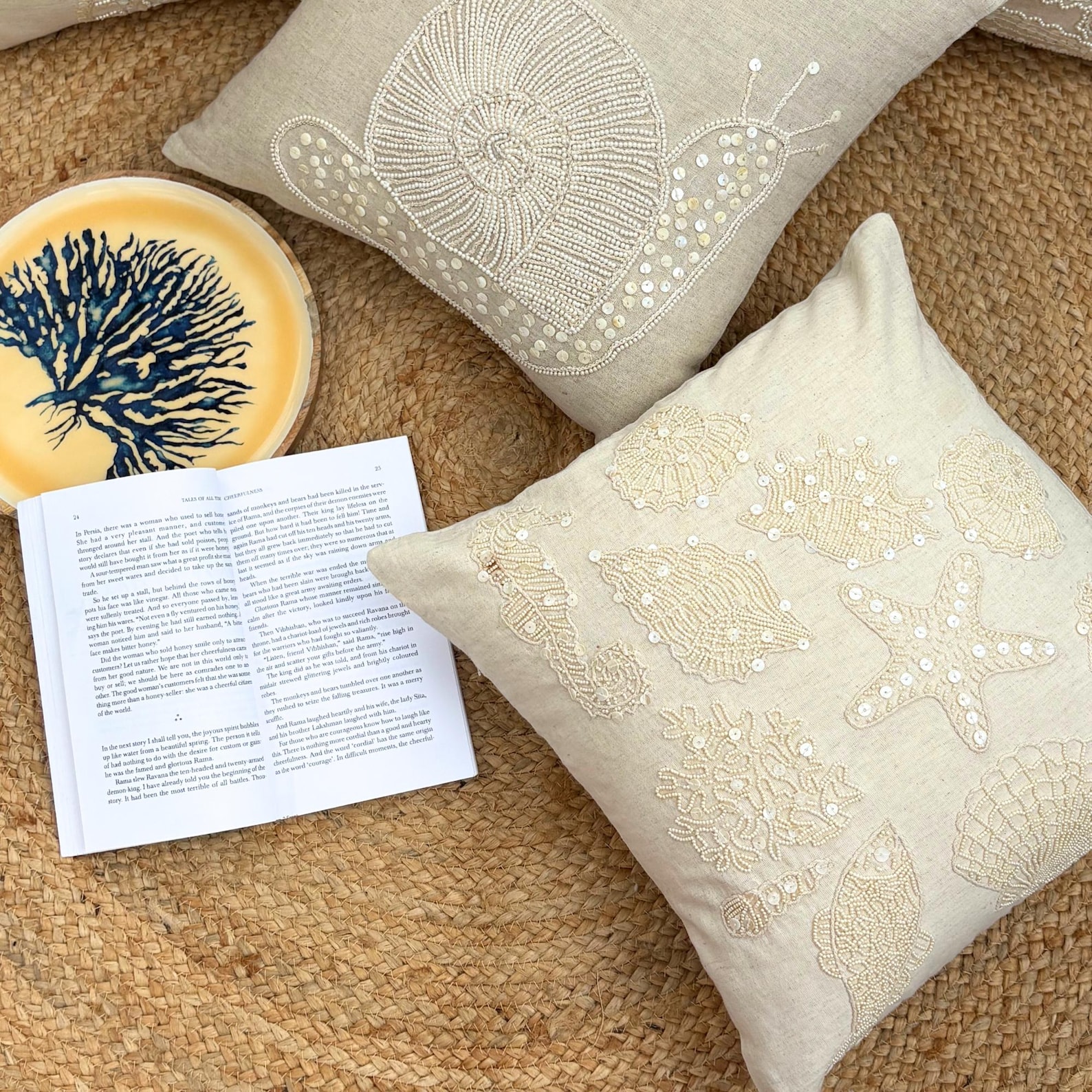 Cotton & Linen Mother of Pearl Sea Creature Pattern Beige Pillow Sham ...