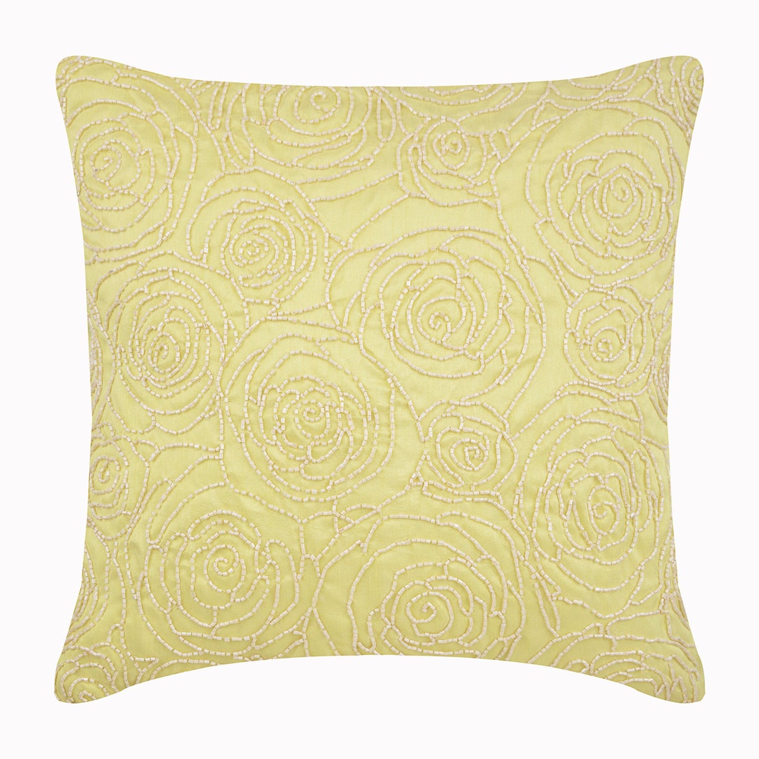 Luxury Lemon Yellow Cushions 16"x16", Art Silk Throw Pillow Roses Sofa ...