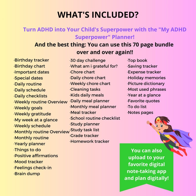 Adhd Planner Printable, Adhd Chore Chart, Adhd Undated Planner, Teen ...