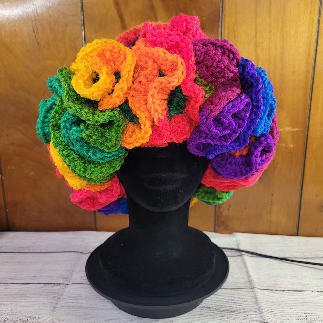 Handmade Rainbow Crochet Ruffle Hat: Whimsical Acrylic Accessory - Etsy