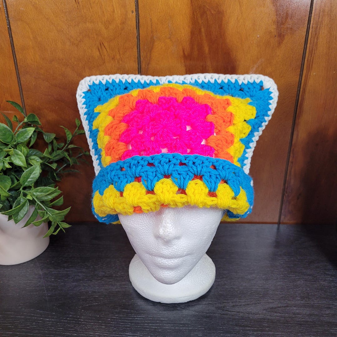 80's Crochet Cat Ear Beanie: Handmade Adult Hat | Glow in the Dark - Etsy