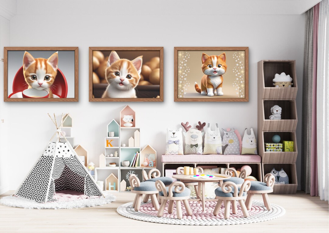 Kitten Poster Set, Cute Cat Wall Art, Digital Animal Decor, Printable ...