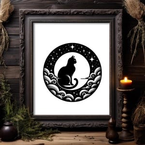 Celestial Cat Wall Art - Moon Cat Poster - Cosmic Art for Cat Lovers ...