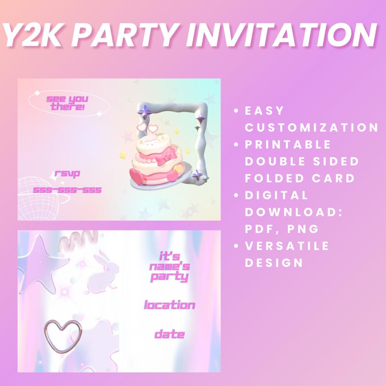 Customizable Y2K Party Invitation Template, Printable Pastel Folded ...