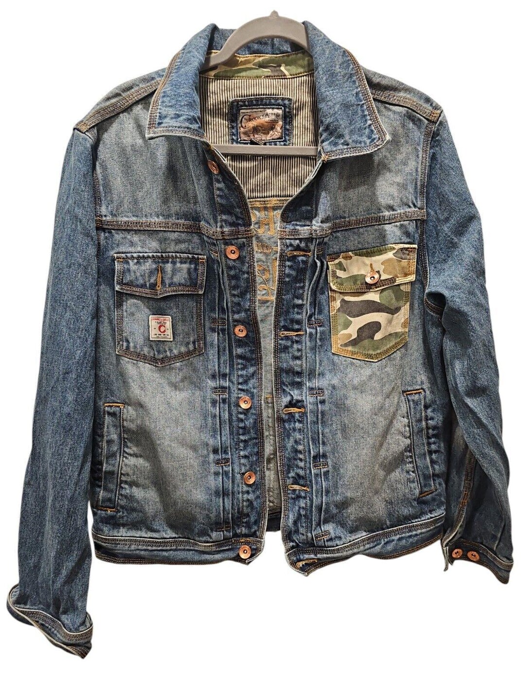 Vintage Crooks & Castles Denim Jacket Mens Size L Blue Camouflage ...