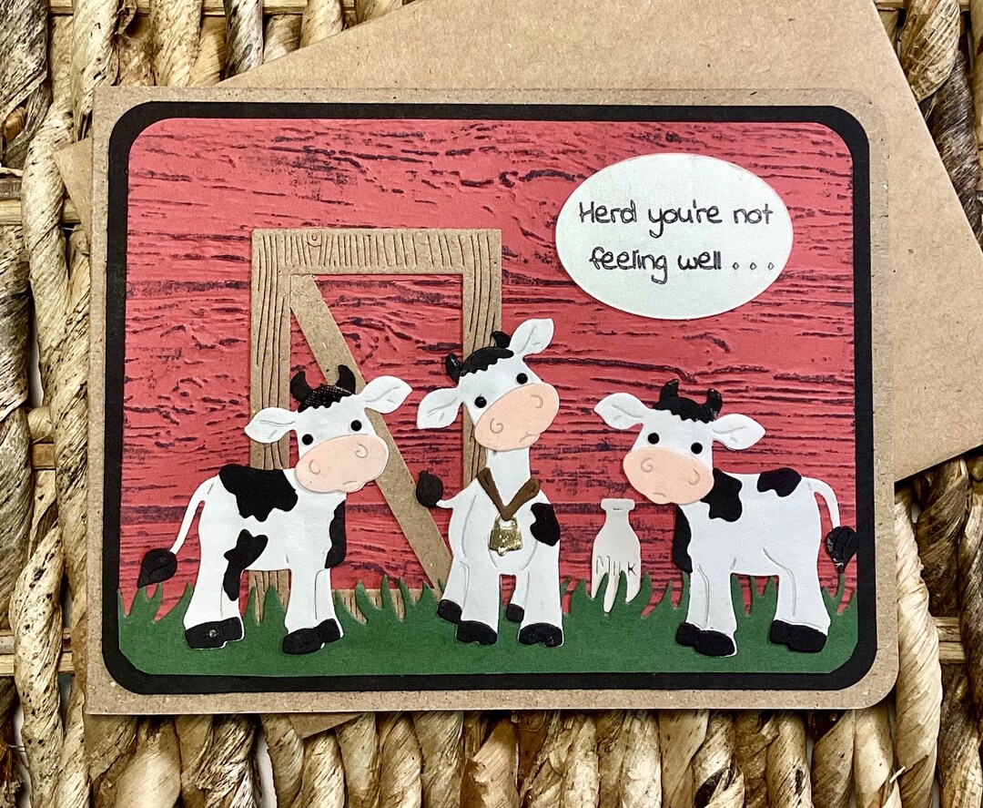 Get Well Card - Cow, Get Well, Handmade, Cheerful, Comforting, Textured ...