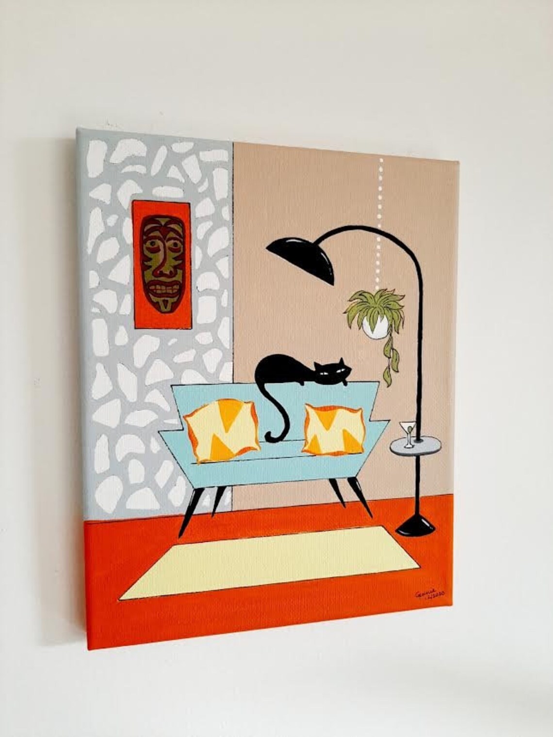 Mid Century Modern Art, Mid Century Cat on Blue Sofa, Cat Art, Gift for ...
