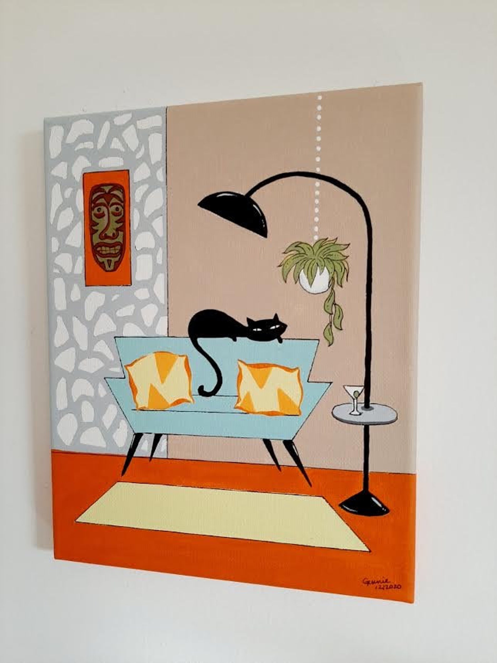 Mid Century Modern Art, Mid Century Cat on Blue Sofa, Cat Art, Gift for ...