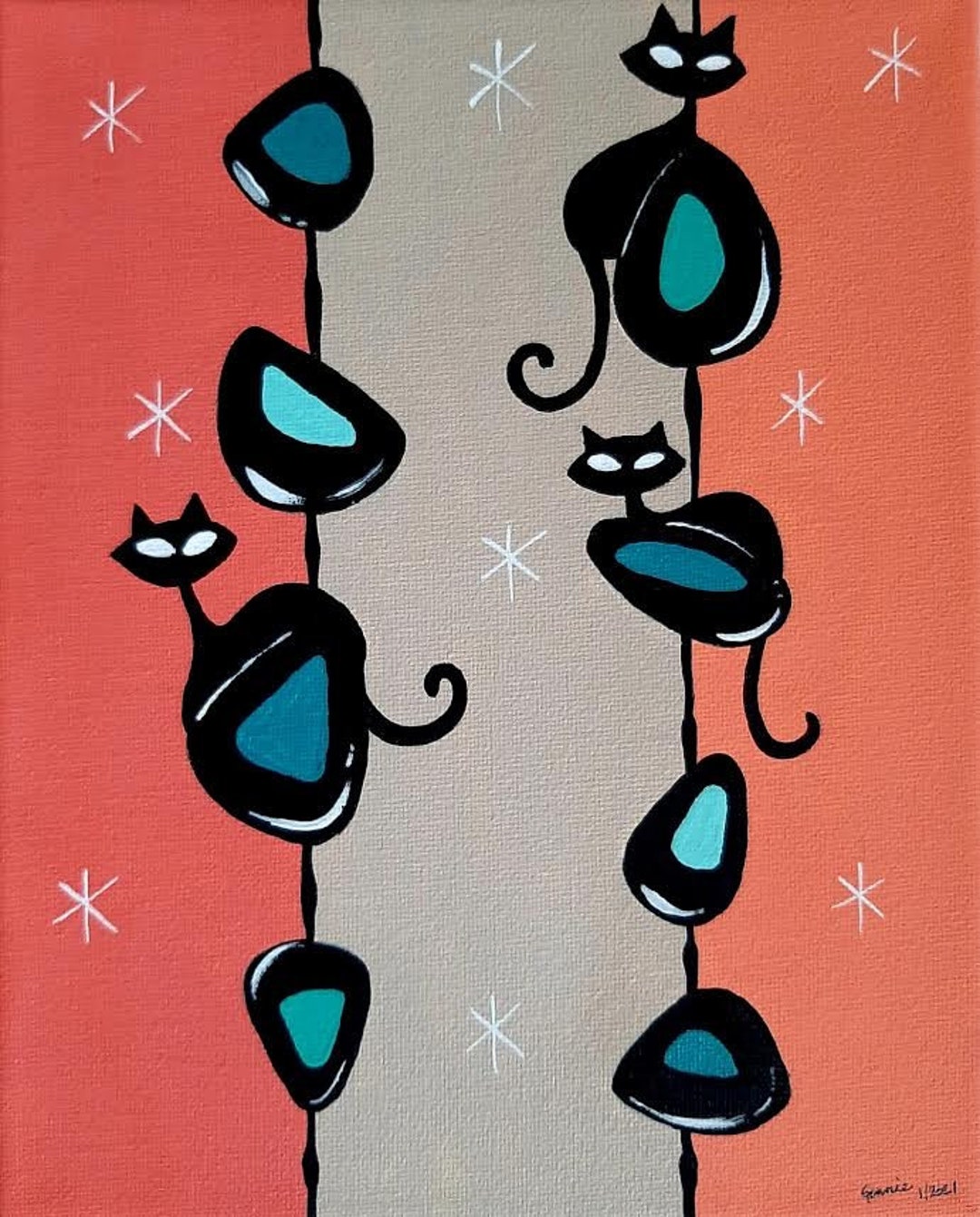 Mid Century Modern Cats Painting, Retro Art, Cat Art, Mid Century Decor ...