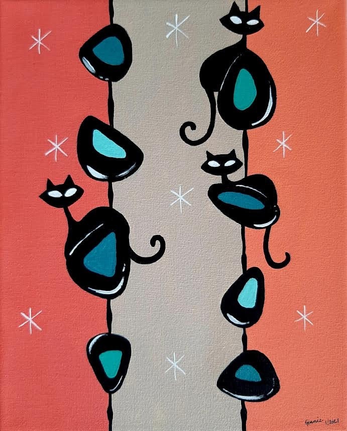 Mid Century Modern Cats Painting, Retro Art, Cat Art, Mid Century Decor ...