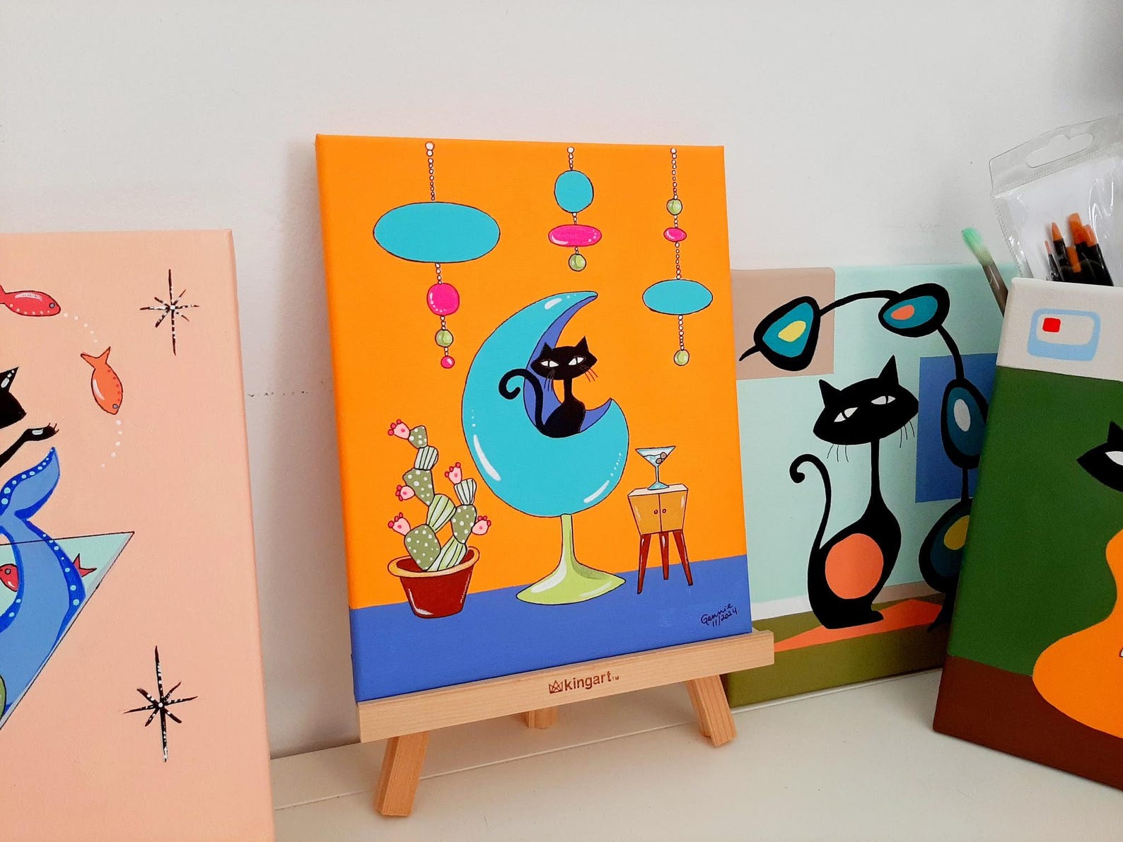 Mid Century Modern Cat Painting Black Cat, Mod Cat Painting, Atomic ...