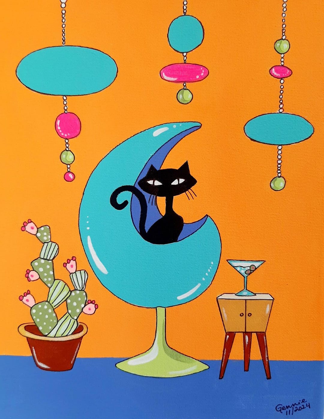 Mid Century Modern Cat Painting Black Cat, Mod Cat Painting, Atomic ...