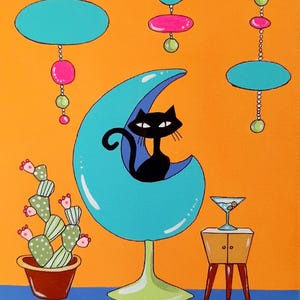 Mid Century Modern Cat Painting Black Cat, Mod Cat Painting, Atomic ...