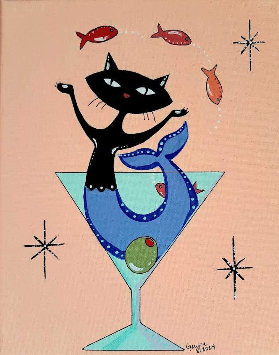 Mermaid Kitty - Martini Time Cat Painting, Original Art, Mid Century ...