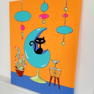 Mid Century Modern Cat Painting Black Cat, Mod Cat Painting, Atomic ...