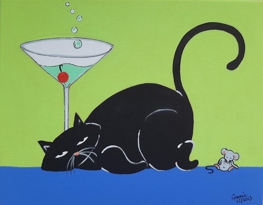 Hangover Kitty, Black Cat and Martini, Cat Art, Mid Century Cat ...