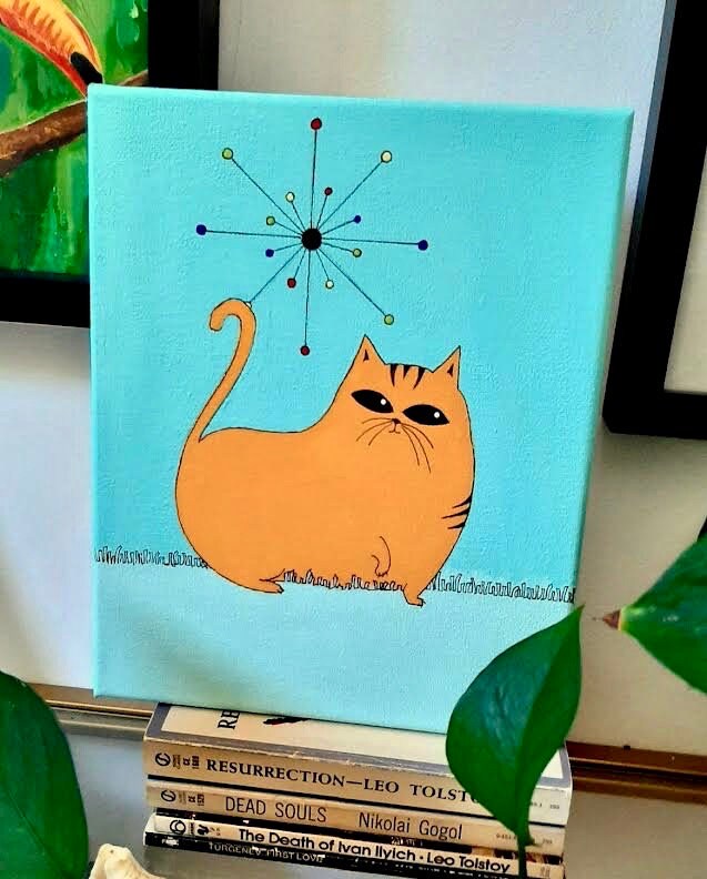 Fat Cat, Mid Century Modern Cat Art, Original Art, Cat Painting, Orange ...