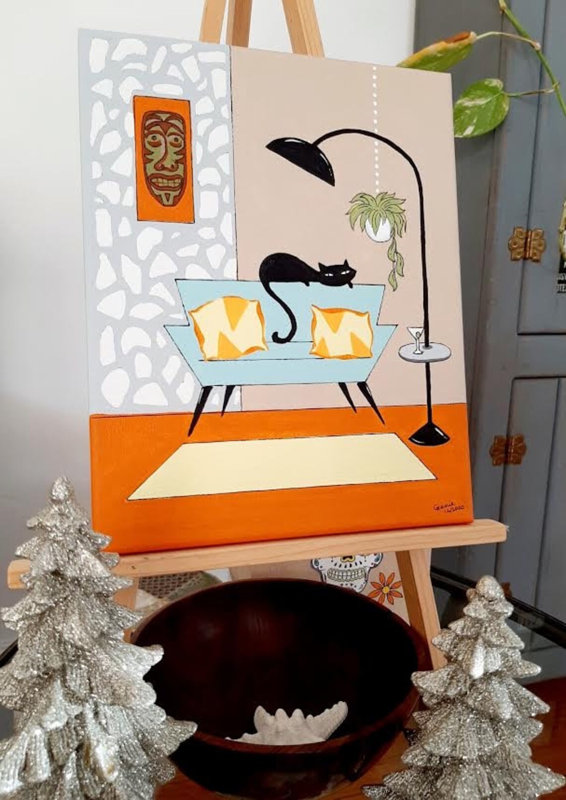 Mid Century Modern Art, Mid Century Cat on Blue Sofa, Cat Art, Gift for ...