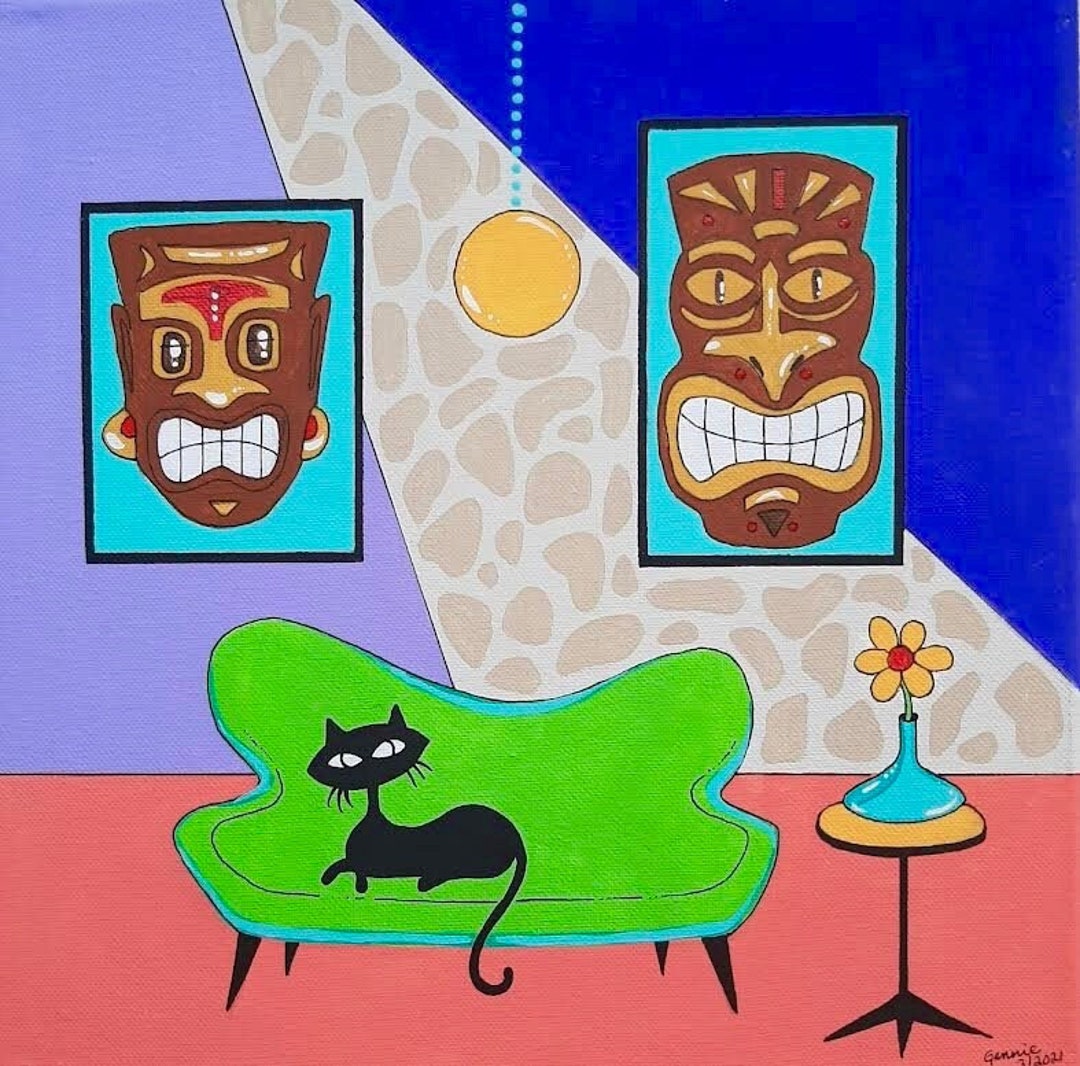 Mid Century Modern Cat Art, Mid Century Black Cat in Tiki Lounge, Tiki ...