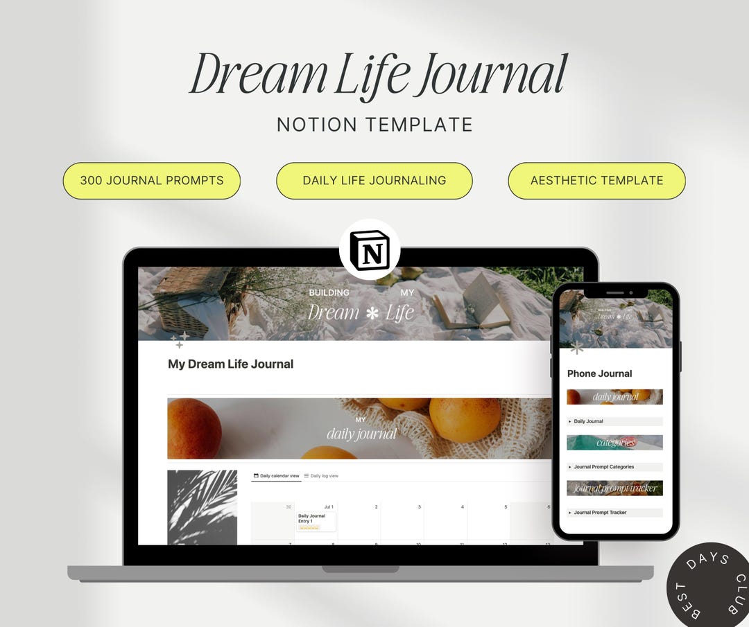 Dream Life Notion Journal Template | 300 Journal Prompts for Personal ...