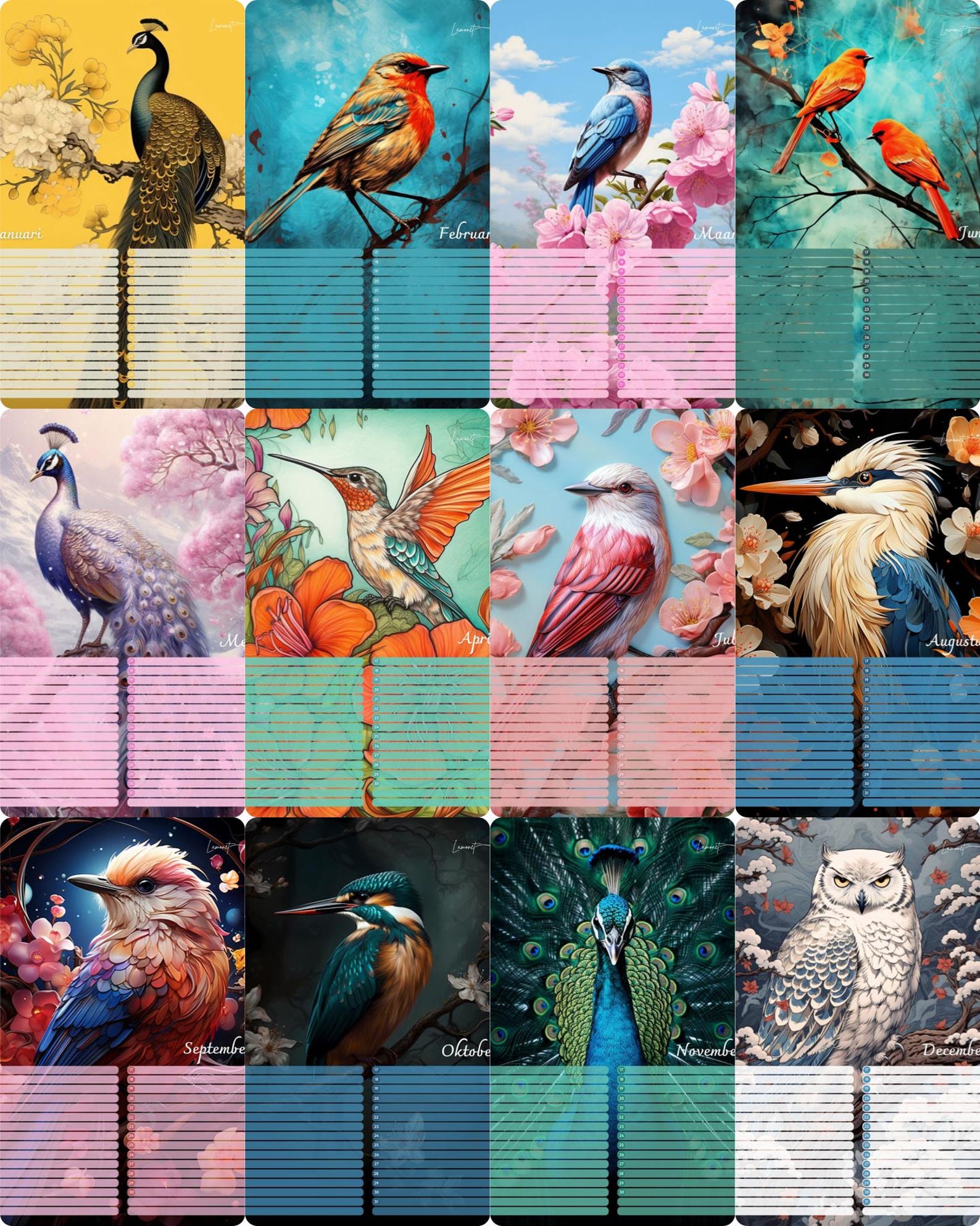 Birthday Calendar Birds, PRINTABLE, Eternity, Nature, Gift, Bird ...