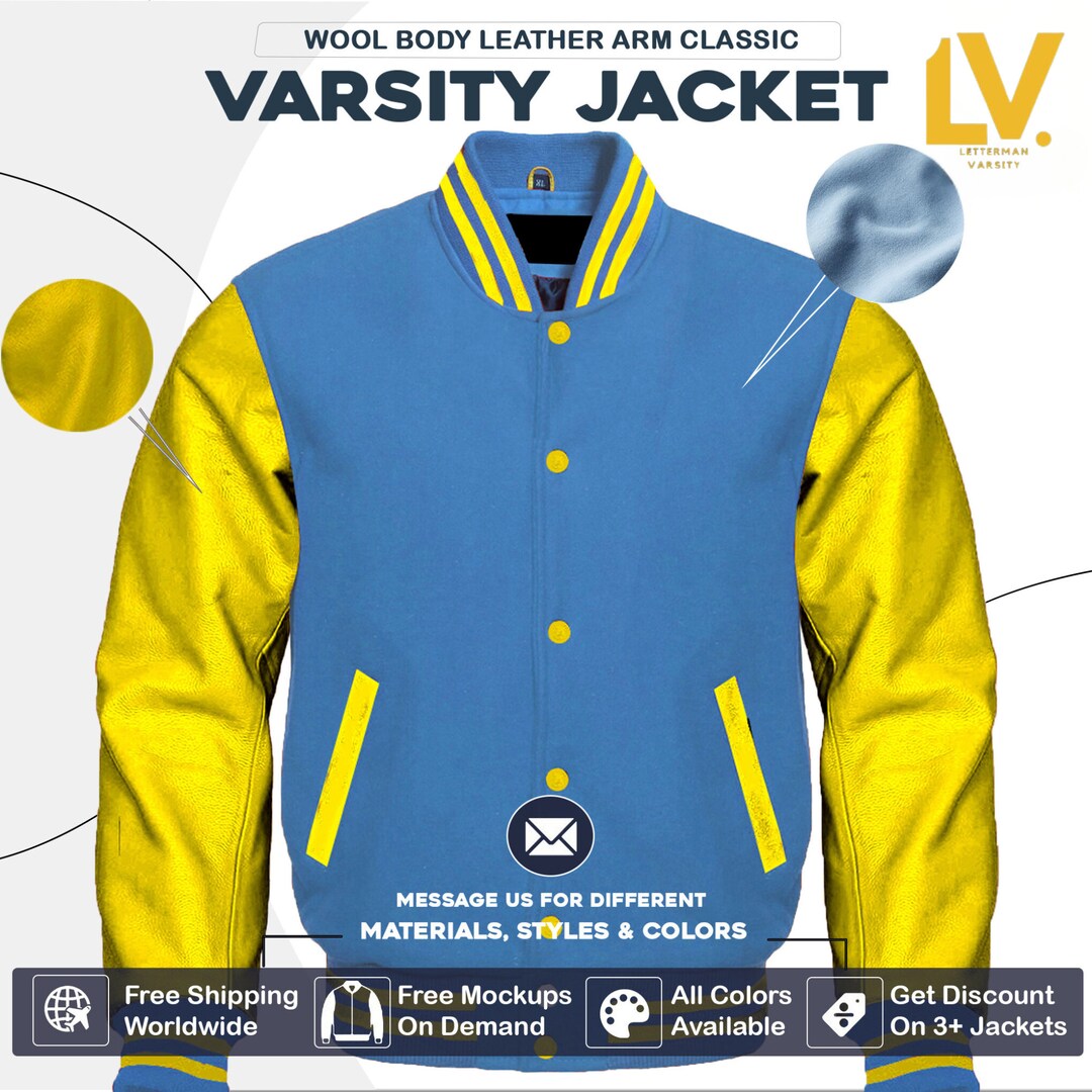 Letterman Varsity Jacket: Sky Blue Body With Yellow Leather Sleeves - Etsy