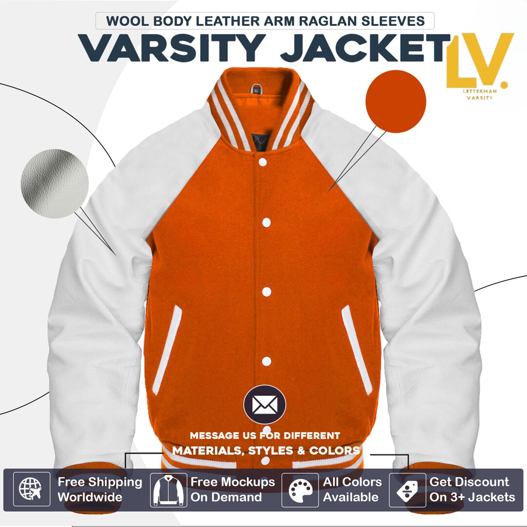 Custom Varsity Letterman Jacket Orange Body White Sleeve Personalized ...