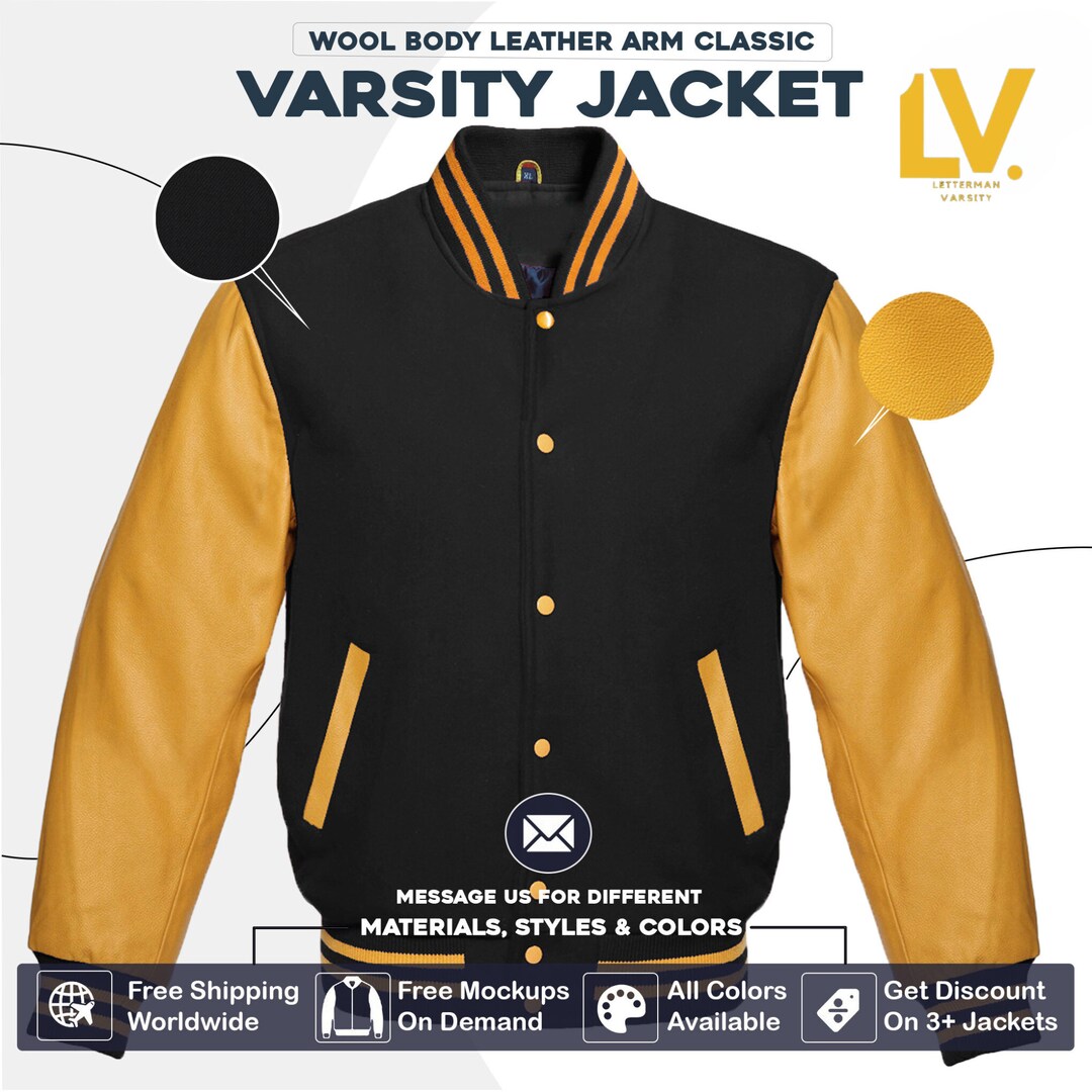 Varsity Letterman Jacket for Men, Women & Kids Black Body Gold Sleeves ...