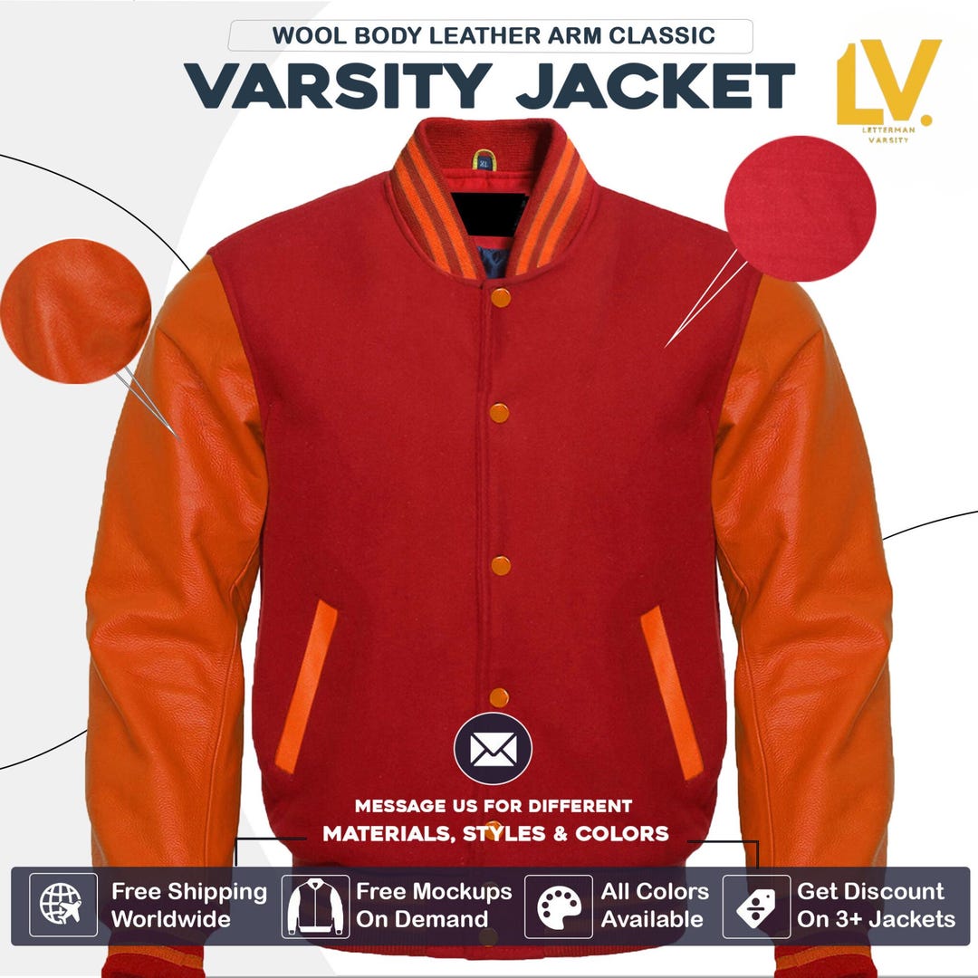 Varsity Letterman Jacket for Men Women and Kids Custom Red Body Orange ...
