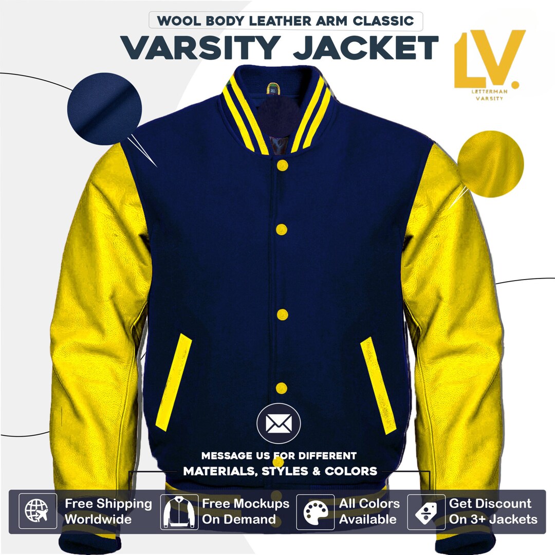 Varsity Letterman Jacket for Men Women and Kids Navy Blue Body Yellow ...