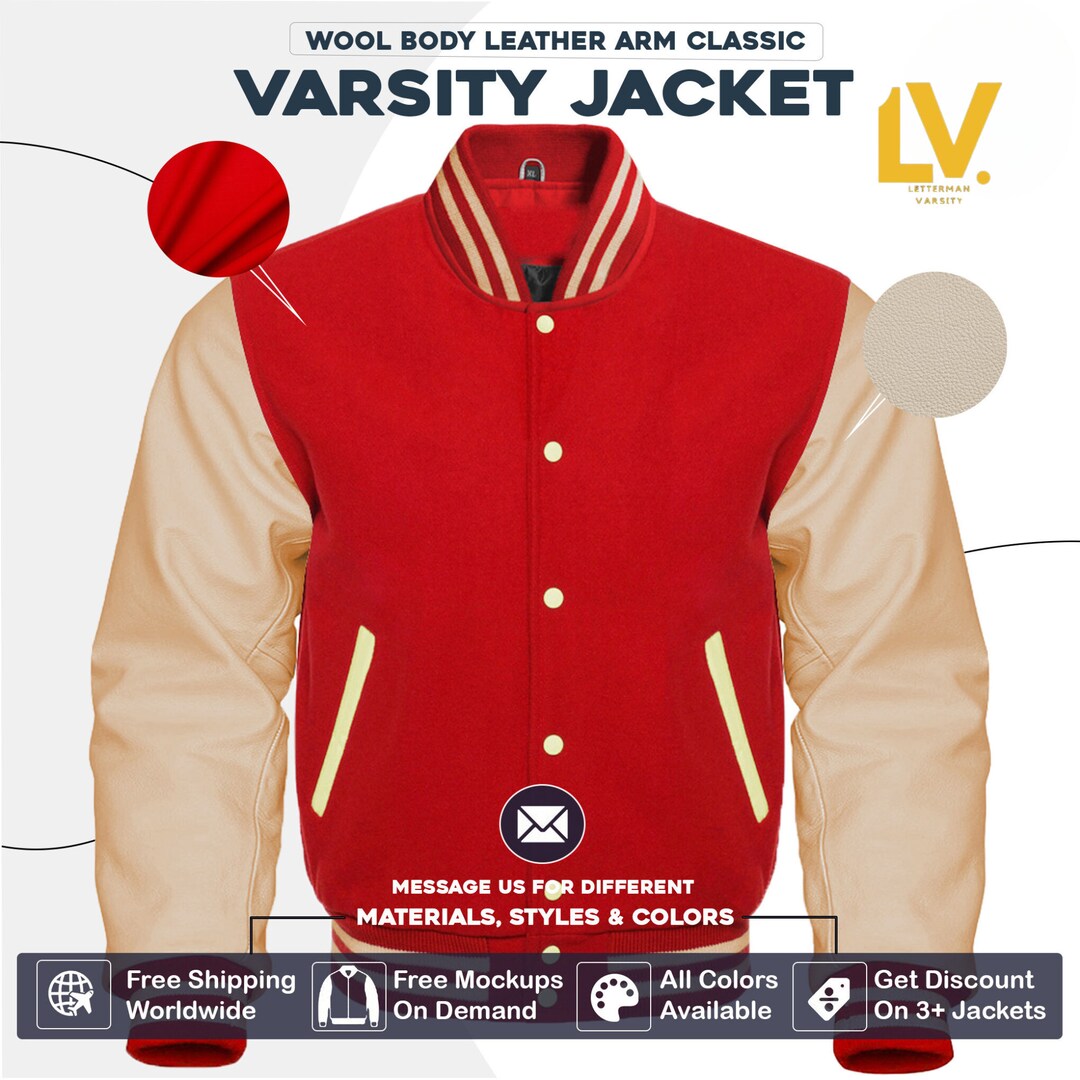Letterman Varsity Jacket: Red Wool Body, Cream Leather Sleeves - Etsy