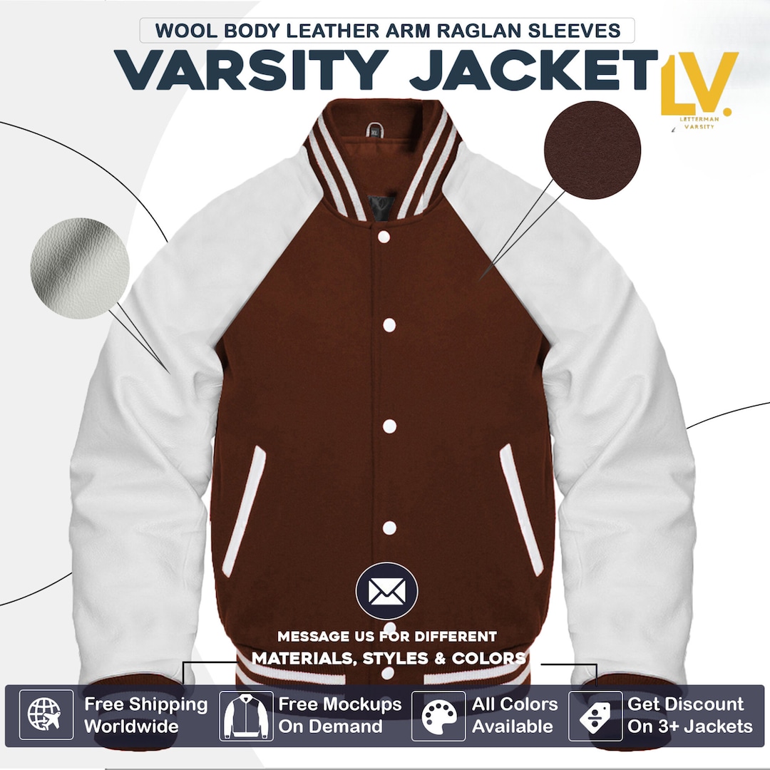 Varsity Letterman Jacket Brown Body White Raglan Sleeves Basketball ...