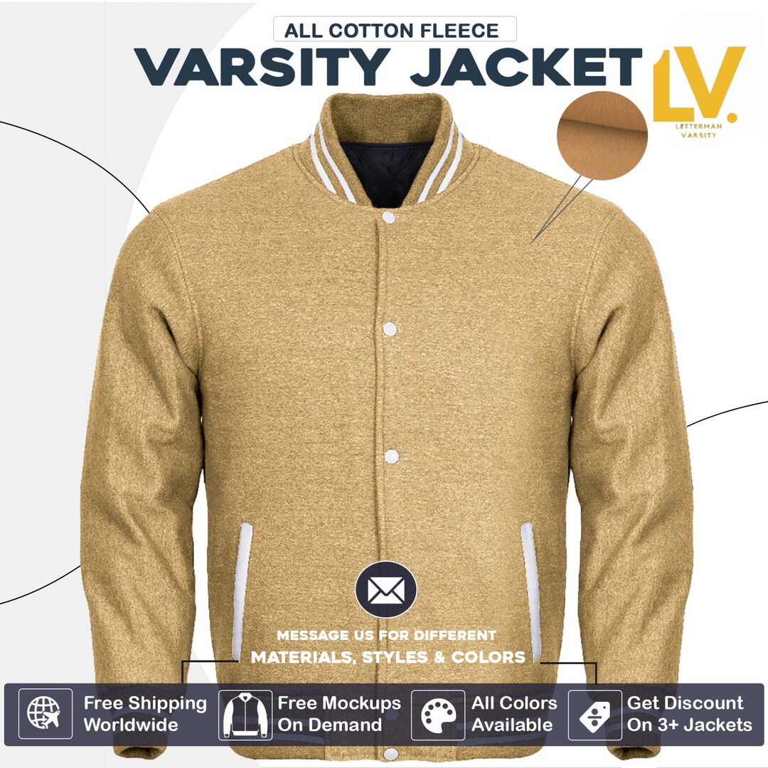 Varsity Letterman Jacket for Men Women & Kids Light Brown Cotton Fleece ...