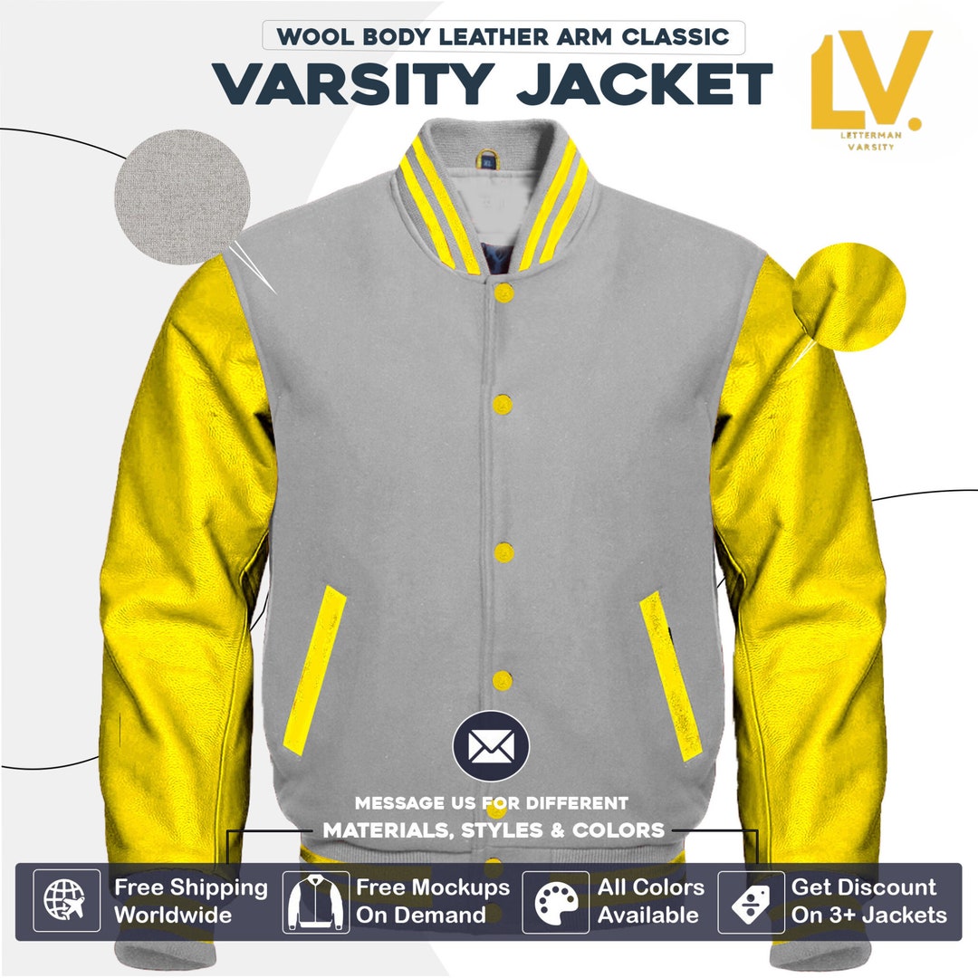 Varsity Letterman Jacket for Men Women and Kids Gray Body Yellow ...