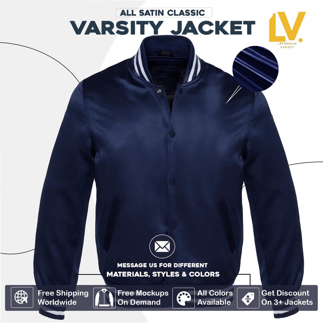 Satin Varsity Letterman Jacket for Men Women and Kids Navy Blue Body ...