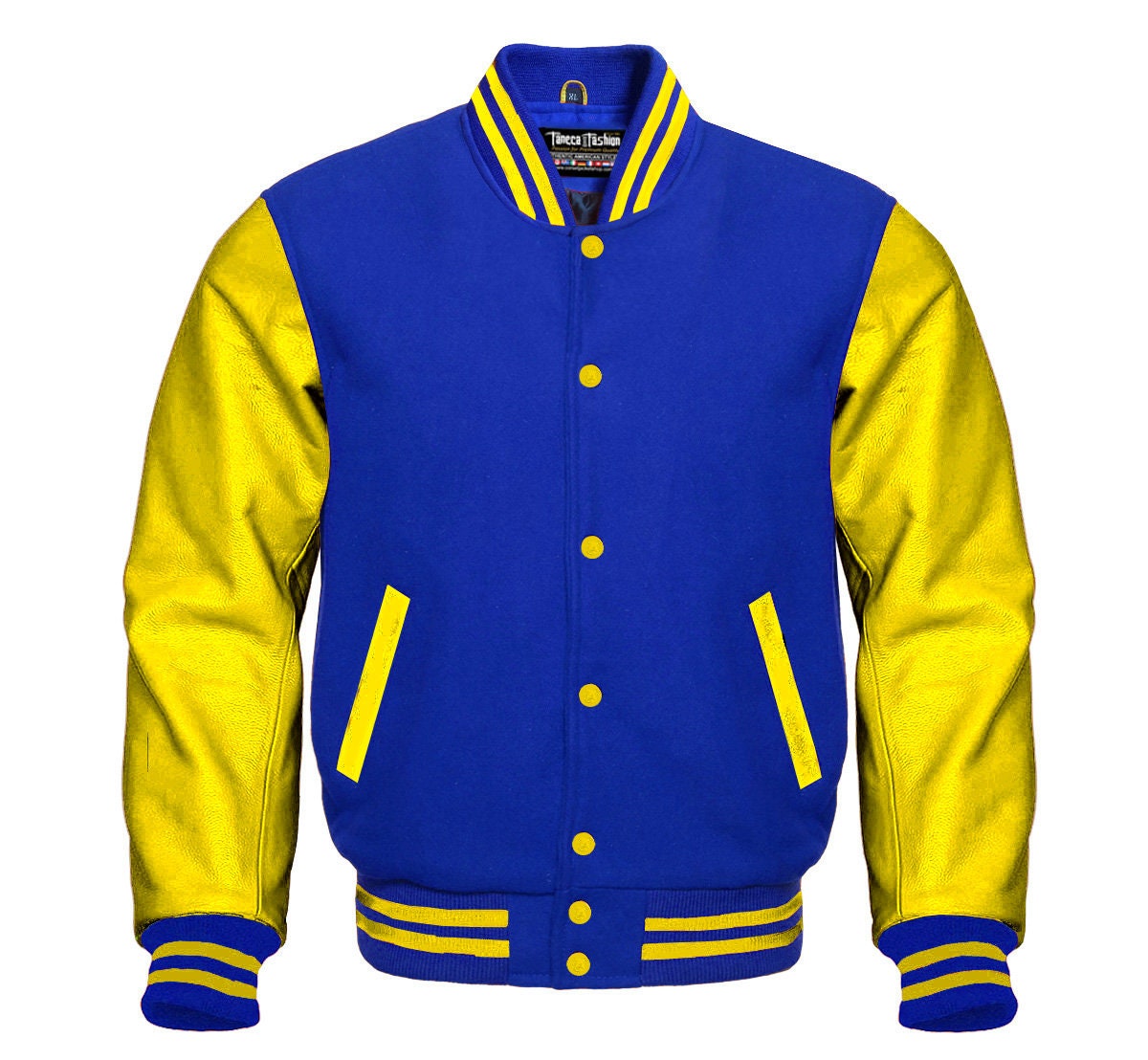 Varsity Letterman Jacket for Men Women and Kids Royal Blue Body Yellow ...