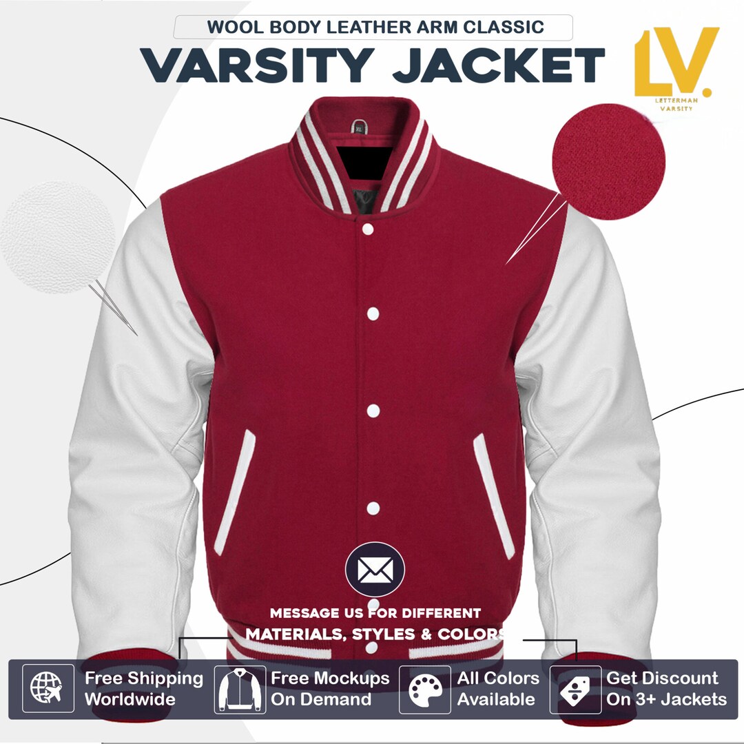 Varsity Letterman Jacket for Men Women and Kids Maroon Body White ...