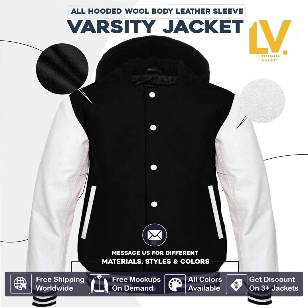 Varsity Letterman Jacket for Men Women & Kids Custom Hooded Black Body ...