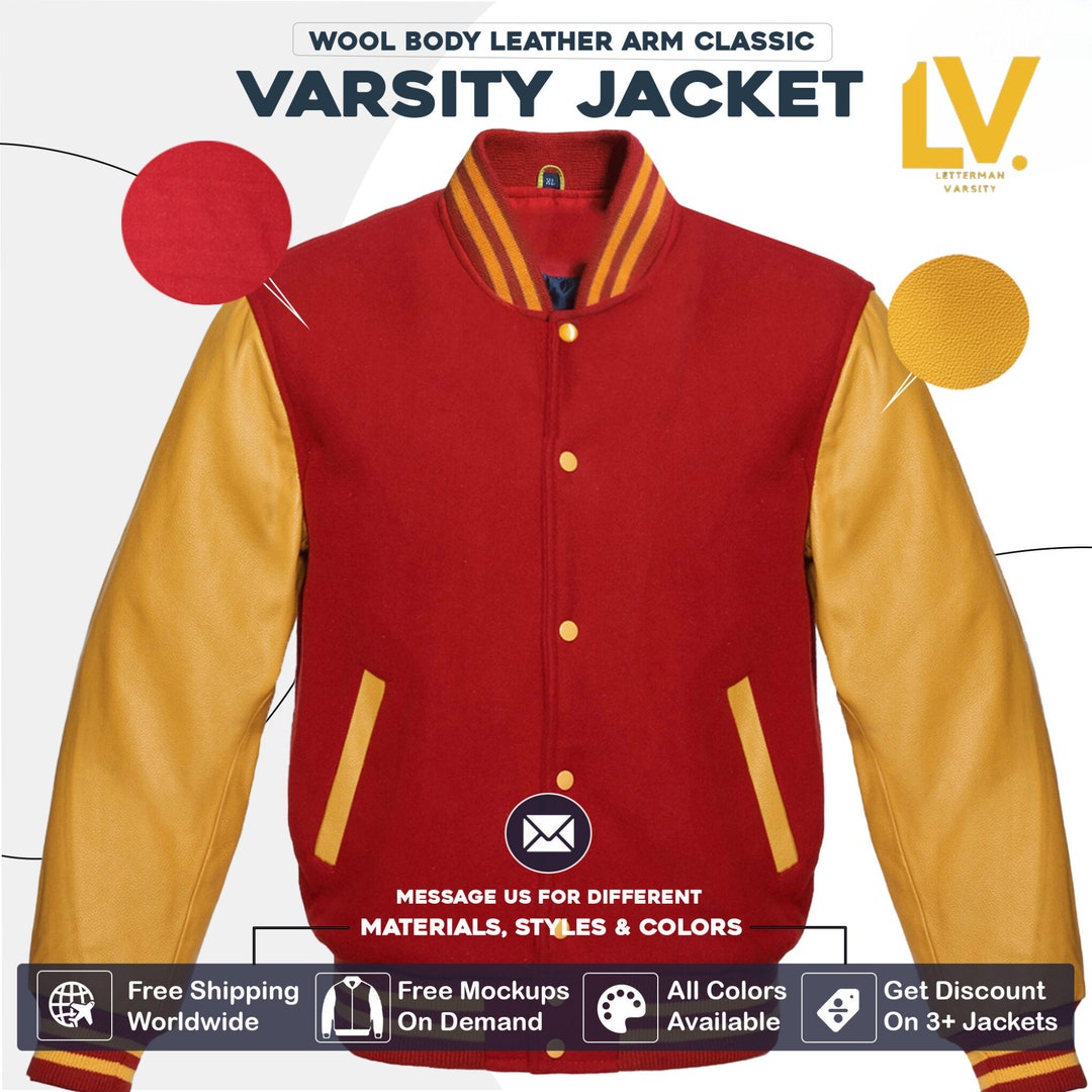 Varsity Letterman Jacket for Men Women and Kids Red Body Gold Sleeves ...