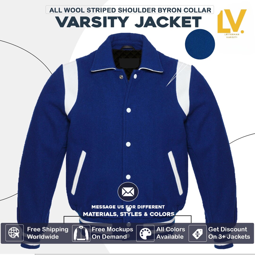 Varsity Letterman Jacket: All Wool Blue Jacket, White Striped Shoulders ...