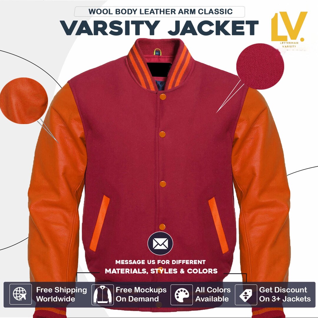 Varsity Letterman Jacket for Men Women & Kids Maroon Body Orange ...