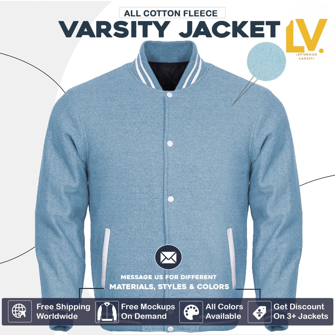 Varsity Letterman Jacket for Men Women & Kids Sky Blue Cotton Fleece ...