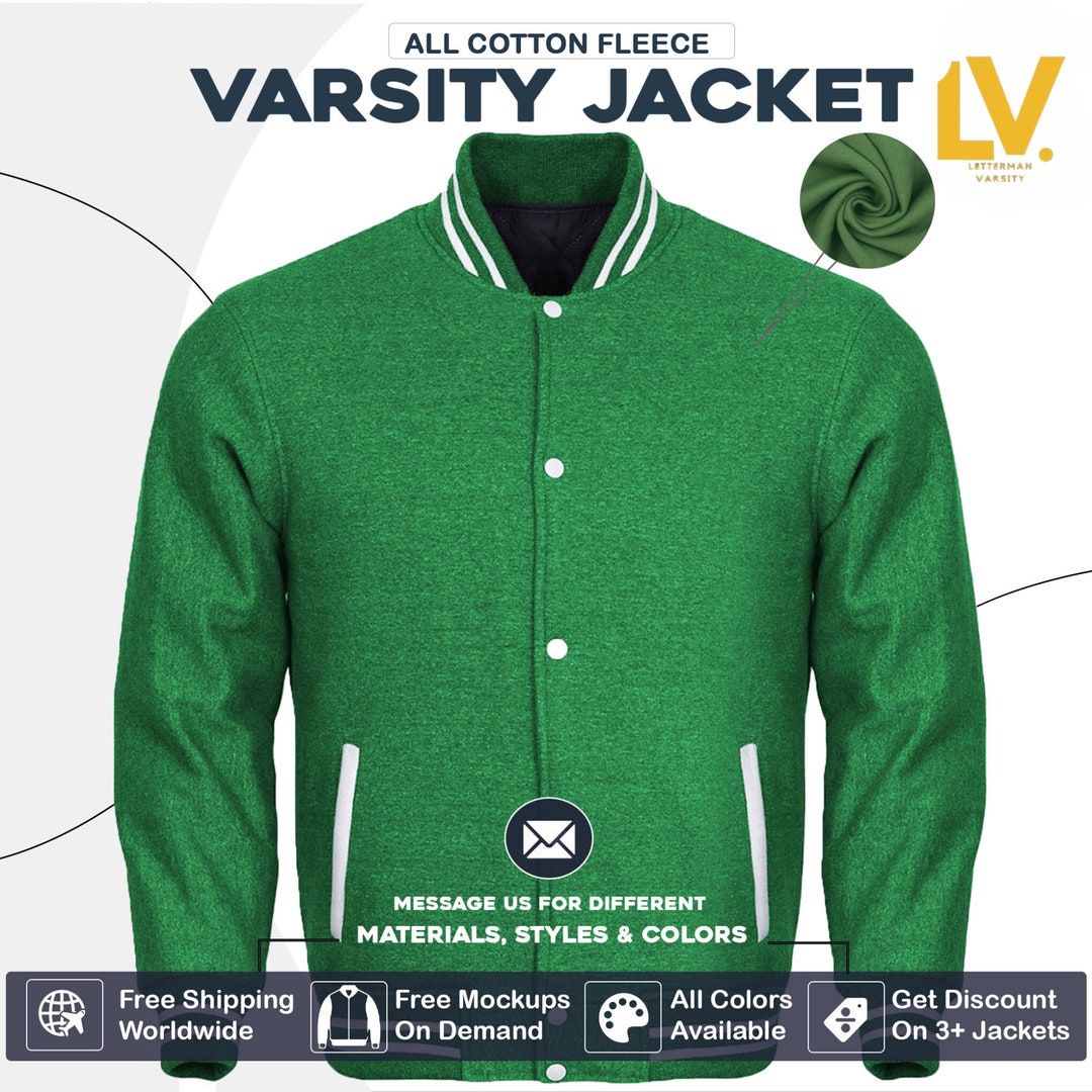 Varsity Letterman Jacket for Men Women & Kids Green Cotton Fleece ...