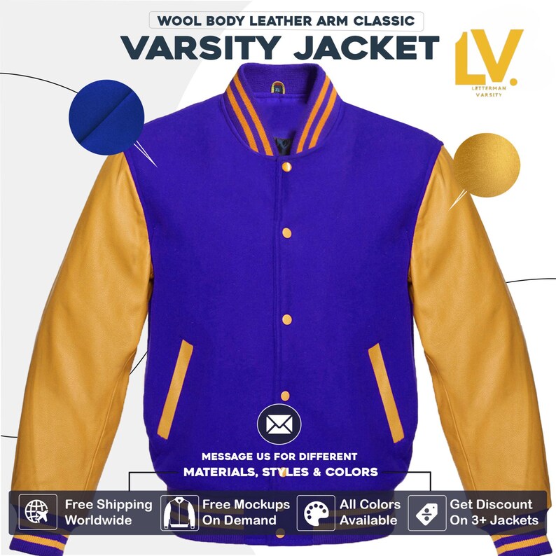 Varsity Letterman Jacket for Men, Women & Kids Royal Blue Body Gold ...