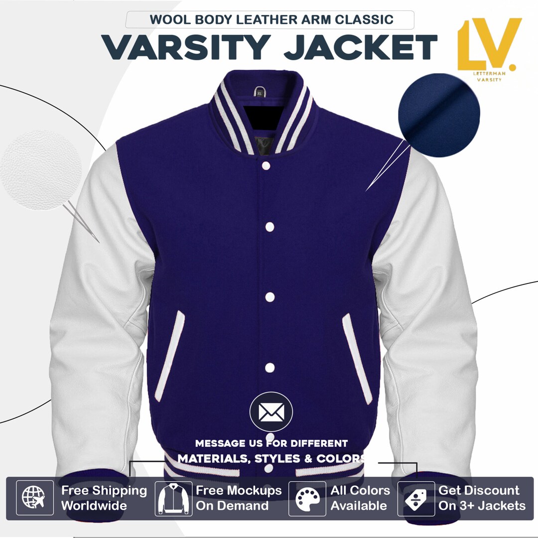 Letterman Varsity Jacket for Men, Women & Kids Navy Blue Body White ...